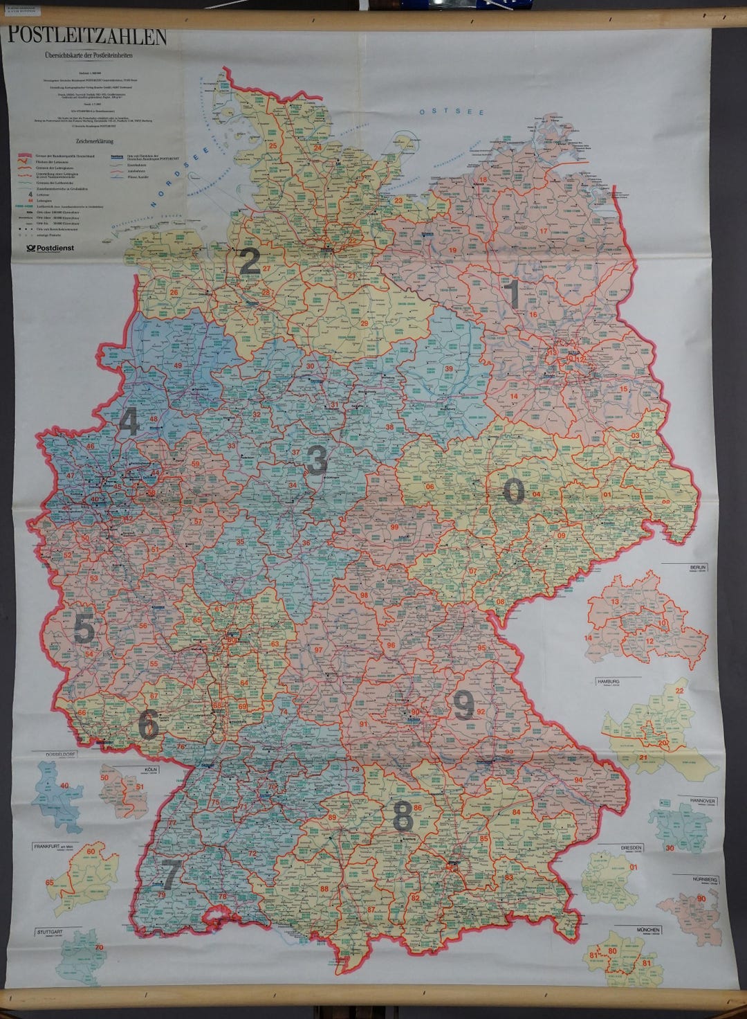 Vintage Mural Map of Postal Codes in Germany 1993 Rollable Wall Chart ...