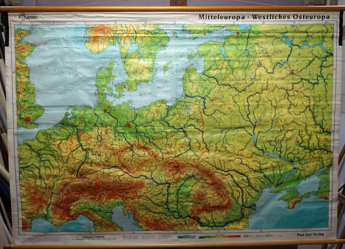 Vintage Rollable Map Central Europe Western Eastern Europe Wall Chart ...
