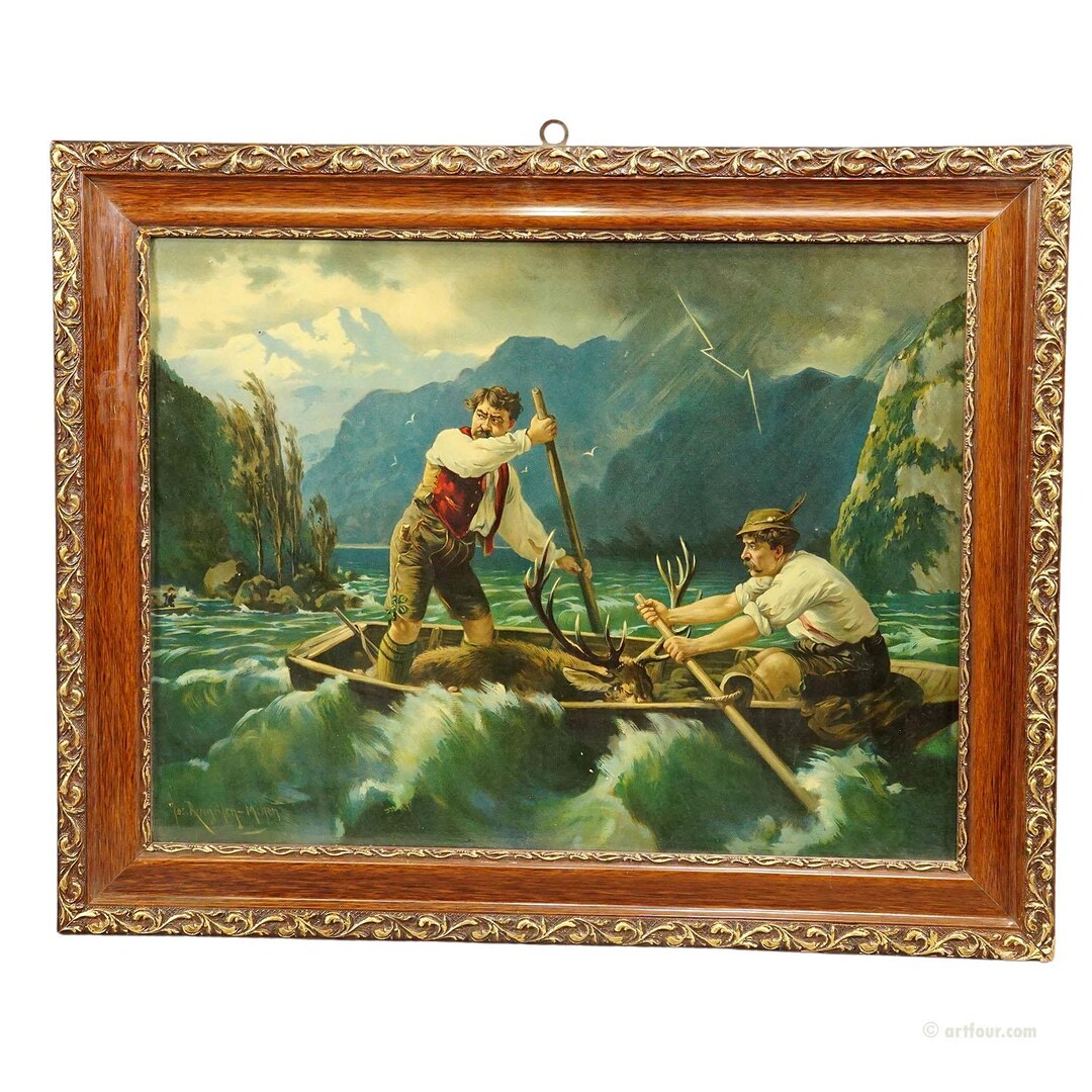 Gravure à l'huile ancienne avec scène de braconnier dramatique d'après ...