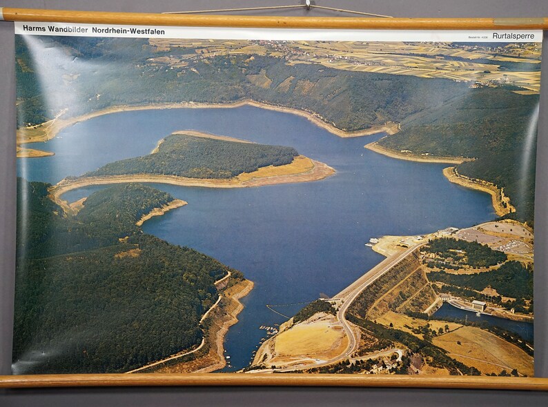 Vintage Mural Landscape Wall Chart Germany Rurtalsperre Dam Reservoir ...