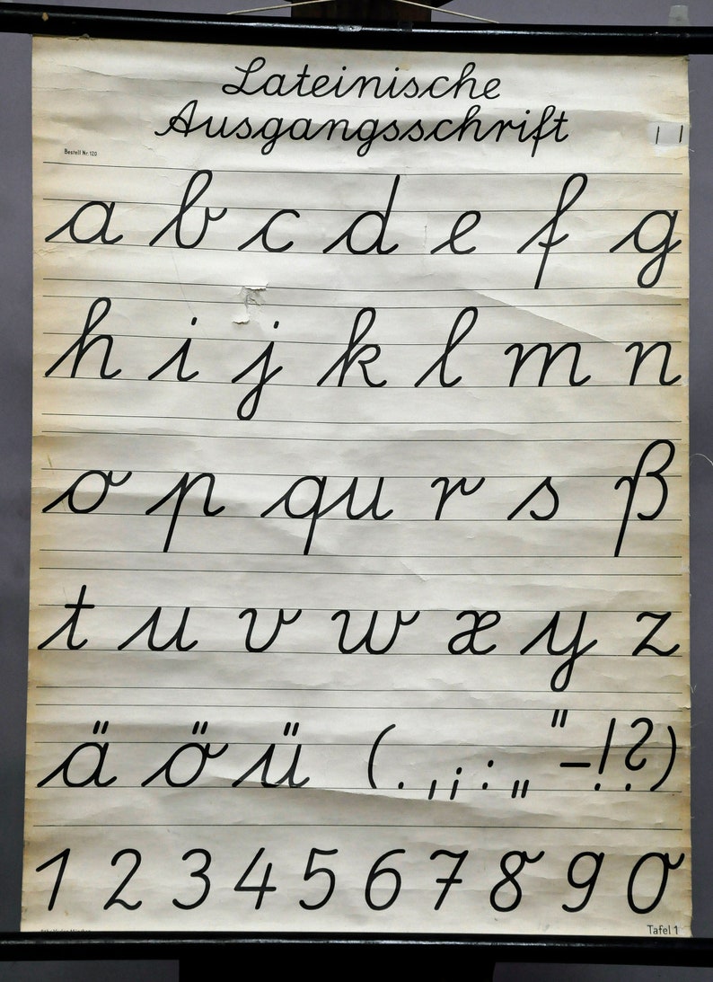 Vintage Pull-down Wall Chart Poster Latin Source Font Letters Numbers ...