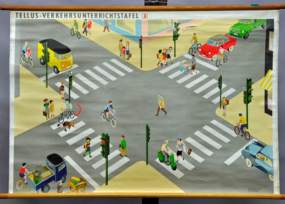 Traffic Mural Poster Vintage Wall Chart Intersection Car Bus Truck Road ...