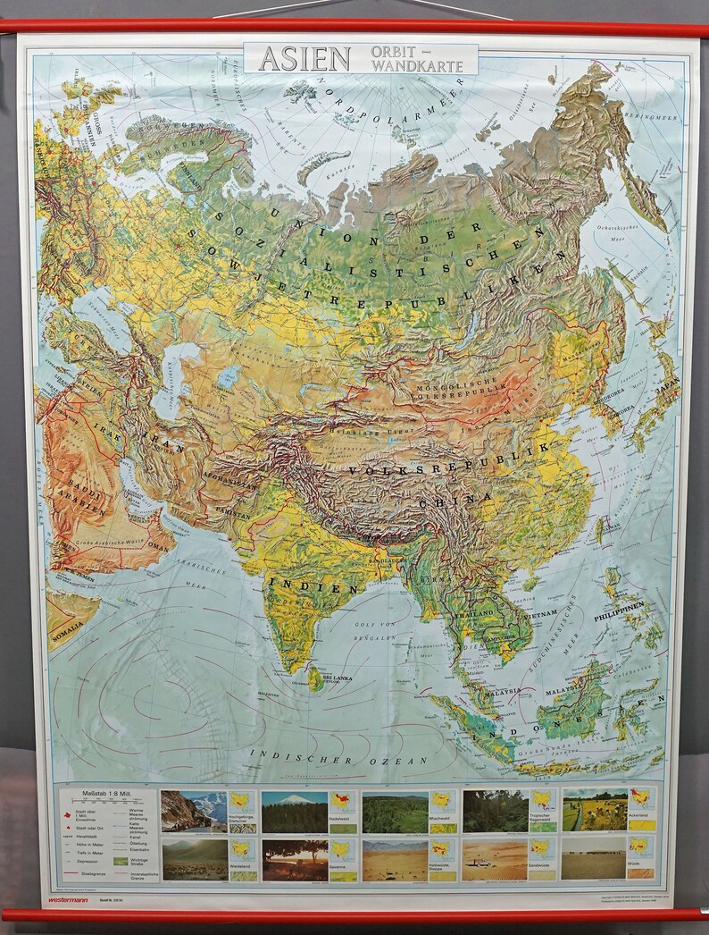 Vintage Map of Asia Rollable Mural Wall Chart With Colorful Pictures - Etsy