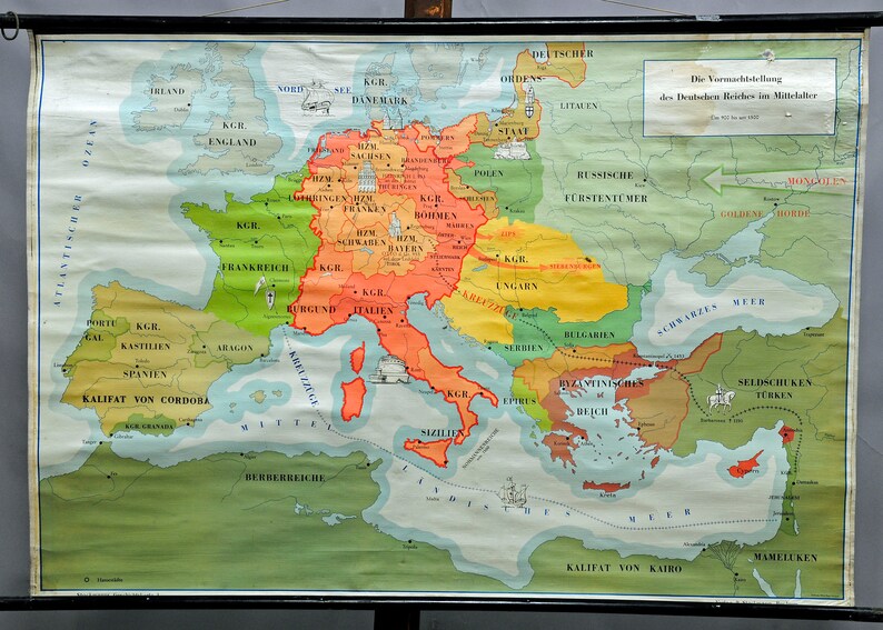 Vintage Wall Chart Picture History Geography Map German Empire Middle ...