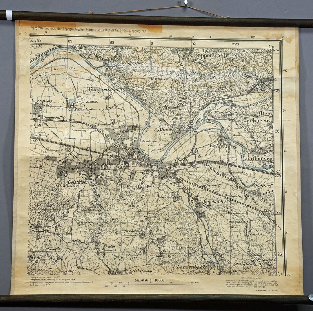 Vintage Map Wall Chart Mural Hennef Germany Black and White - Etsy