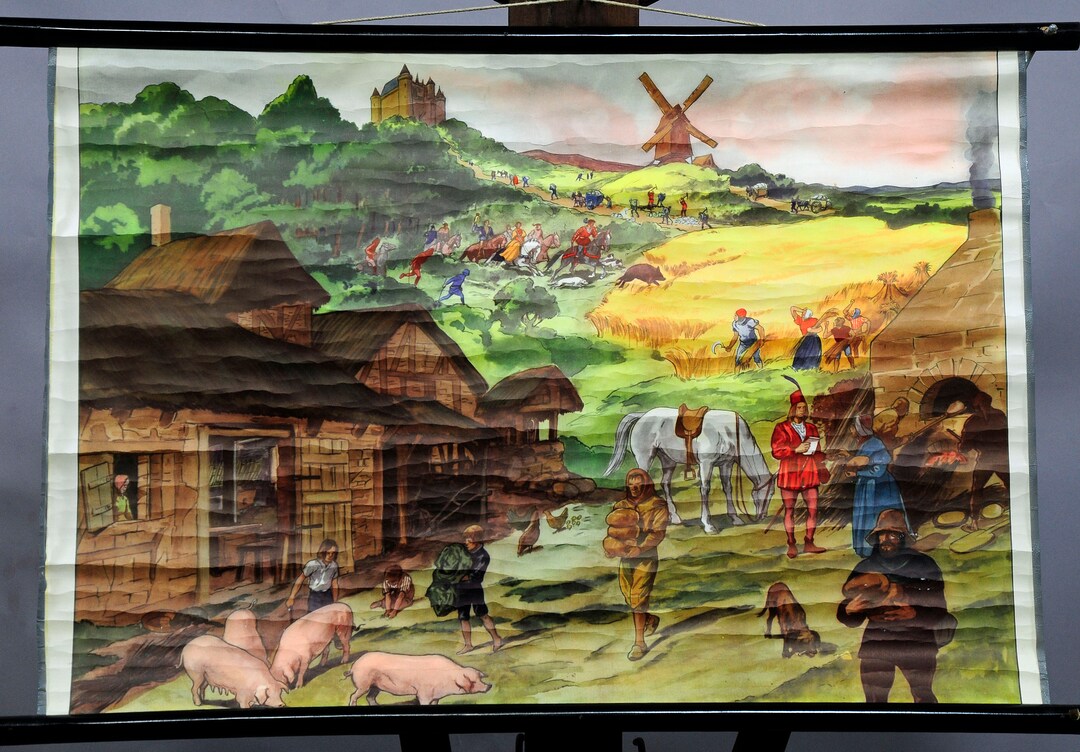 Vintage Pull-down Poster Wall Chart Misery Peasants Animals Soldier ...