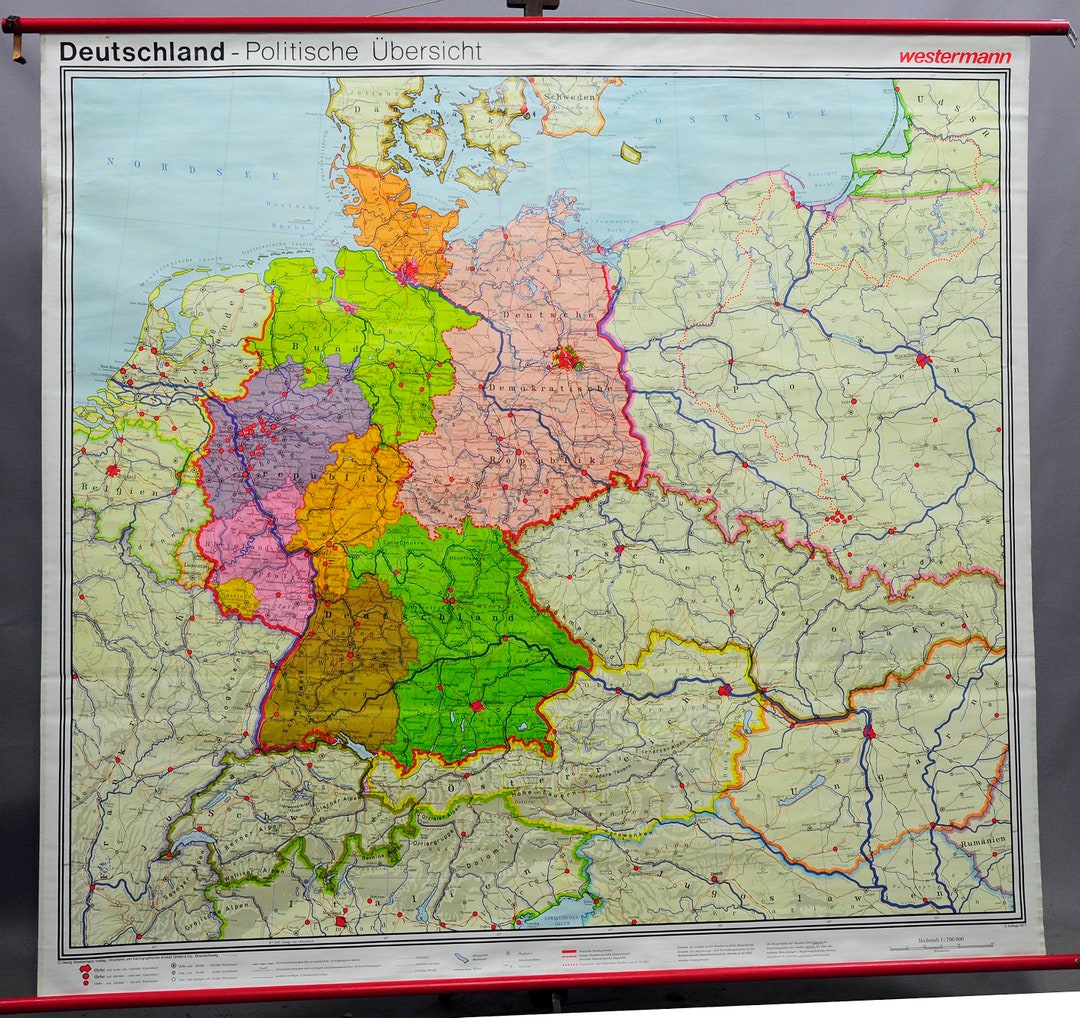 Vintage Rollable Geographical Wall Chart Map Germany Political Overview ...