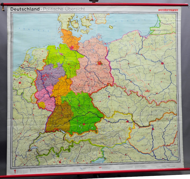 Vintage Rollable Geographical Wall Chart Map Germany Political Overview ...