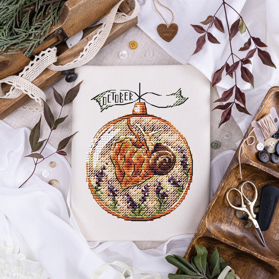 Glass Ball October Cross Stitch PDF Pattern, Autumn Snail Cross Stitch ...