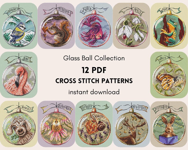 Glass Ball Cross Stitch PDF Pattern Bundle, 12 Months Cross Stitch ...