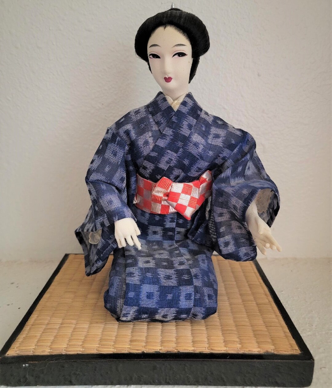Beautiful Vintage Geisha - Kneeling on Bamboo Like Floor With Wood Base ...