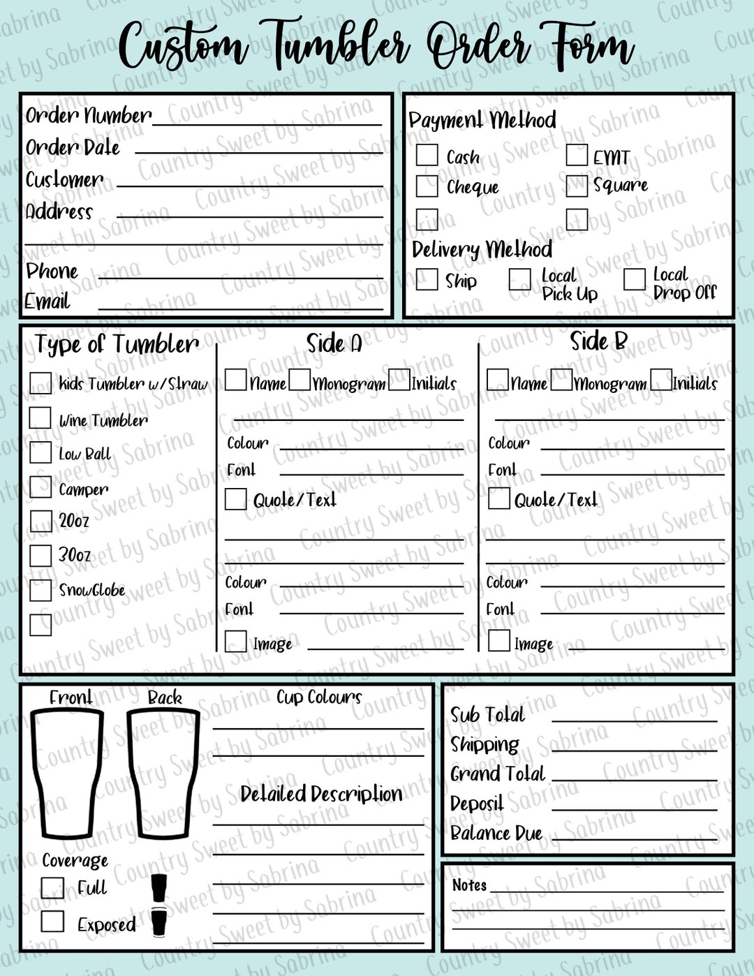 Order Template, Order Form, Custom Order, Form Template, Tumbler, Small ...