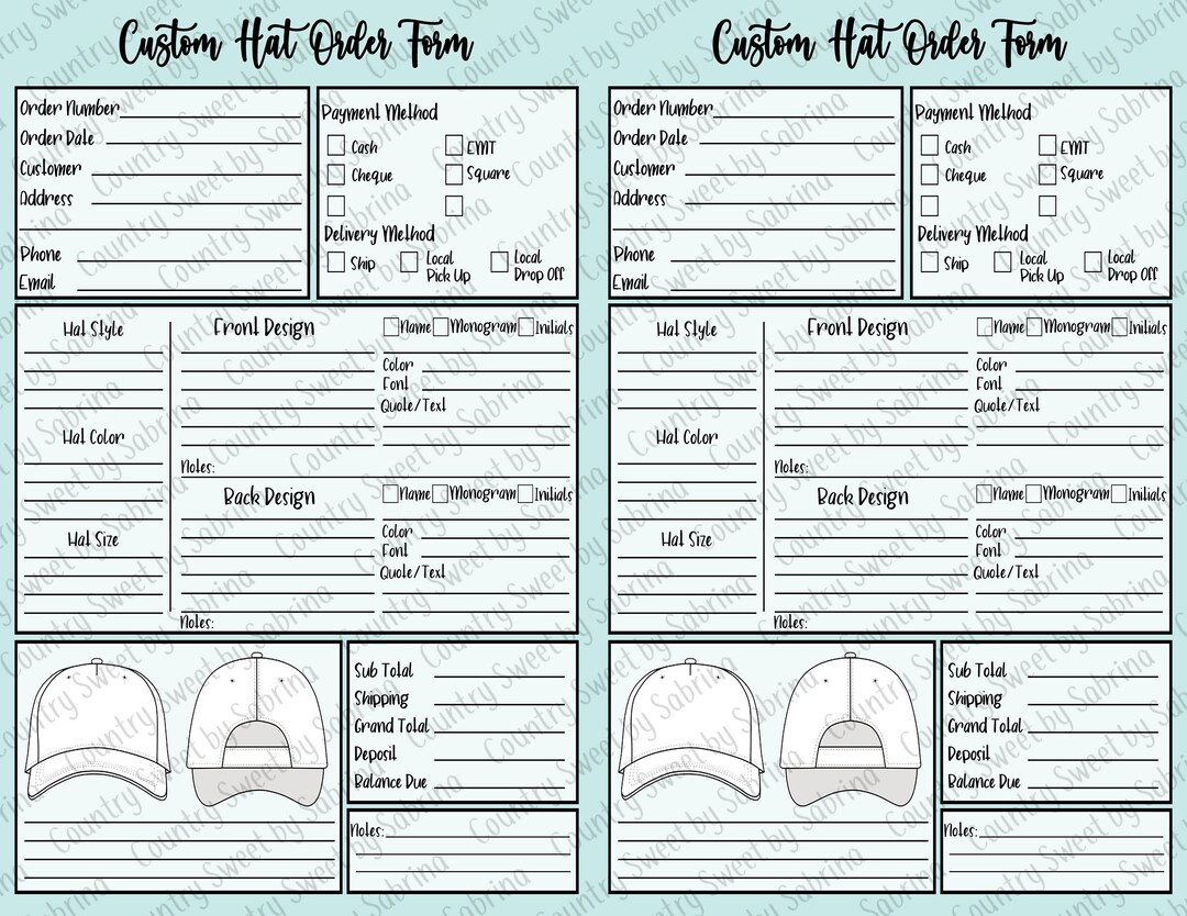 Order Template, Hat Template, Form Template, Order Form, Custom Order ...