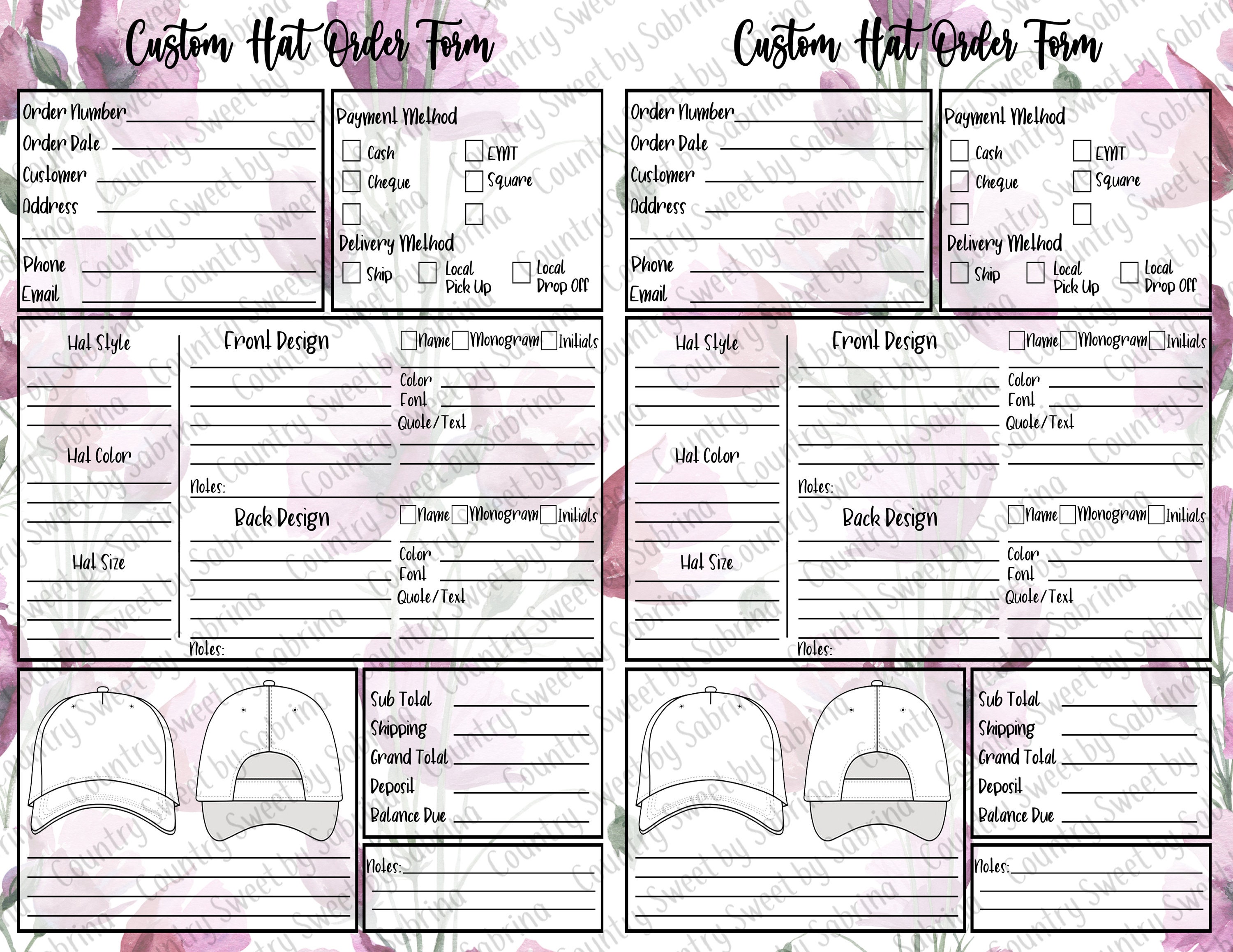Order Template, Hat Template, Form Template, Order Form, Custom Order ...
