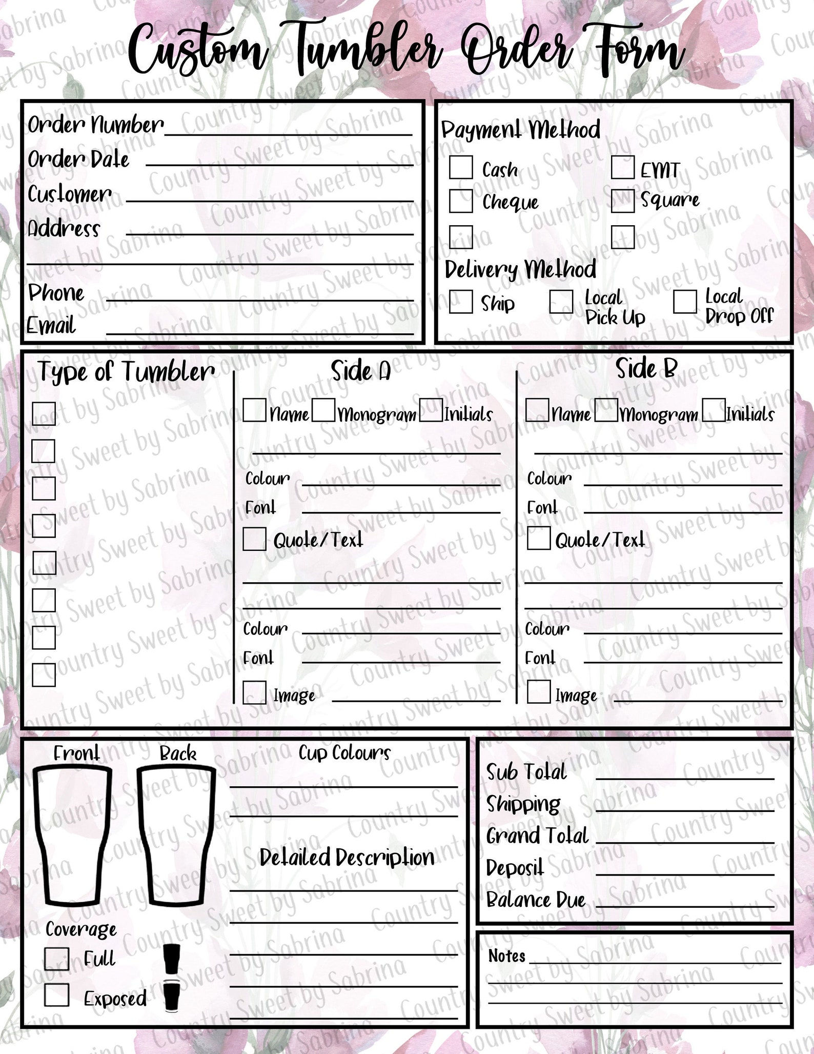 Order Template, Order Form, Custom Order, Form Template, Tumbler, Small ...