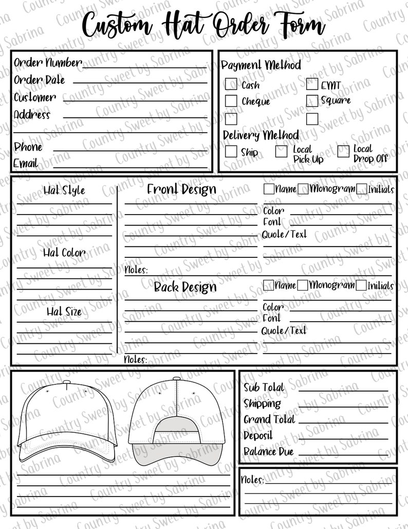Order Template, Hat Template, Form Template, Order Form, Custom Order ...
