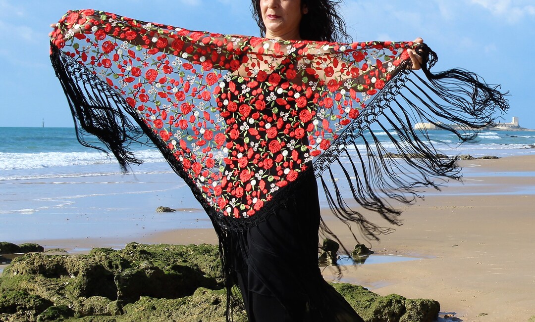 Handmade Spanish Flamenco Shawl pico in Embroidered Chiffon Black ...