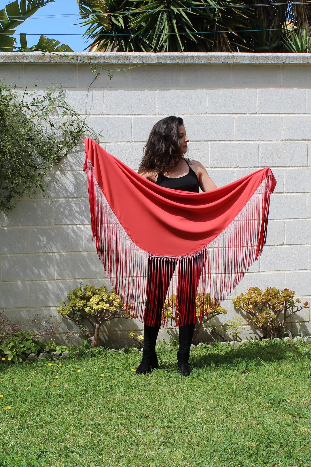 Handmade Spanish Flamenco Shawl pico in Crepe Salmon Pink With Long ...