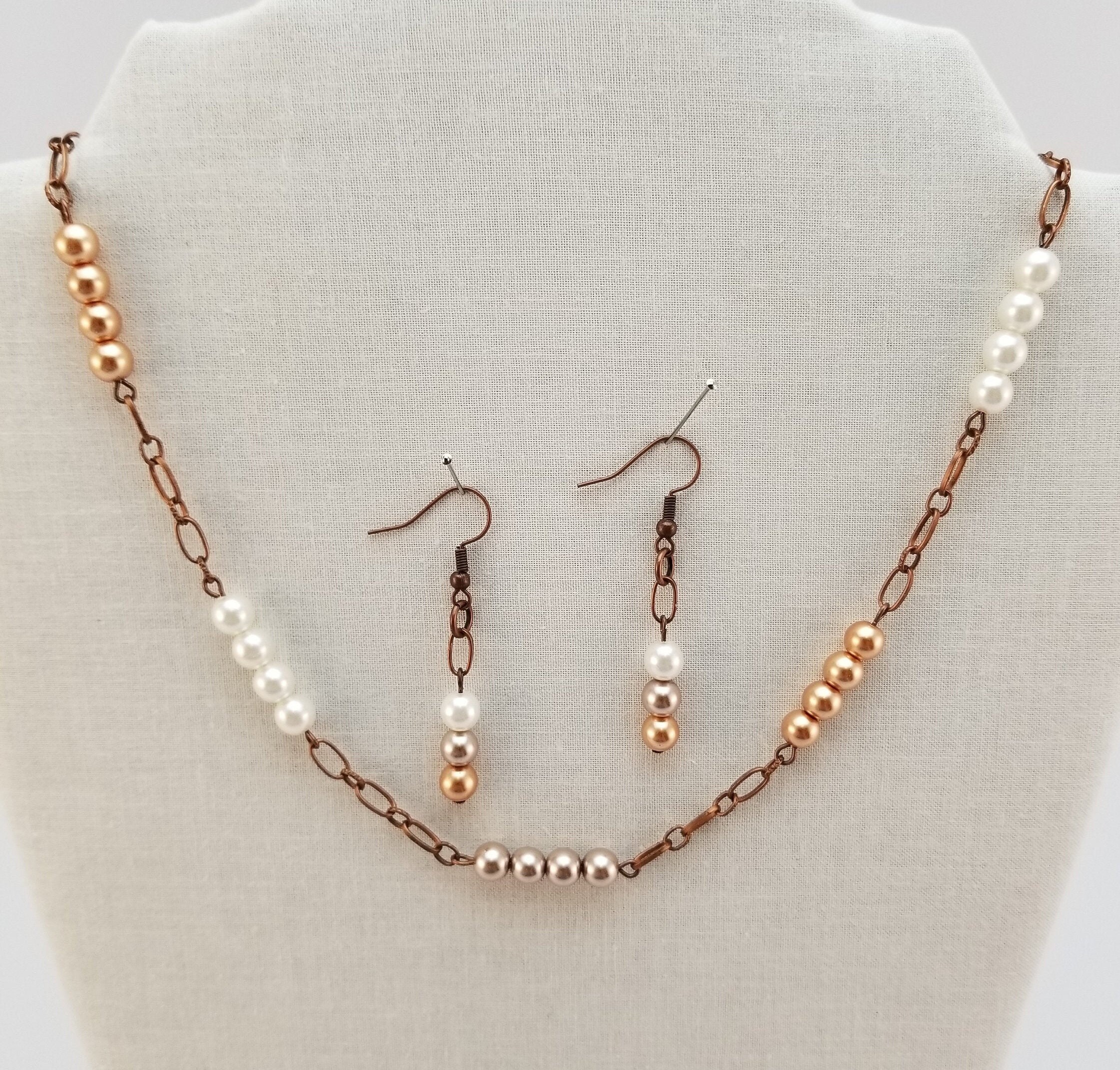 Juego de collar y aretes. Hecho a mano con cadena de bronce antiguo ...