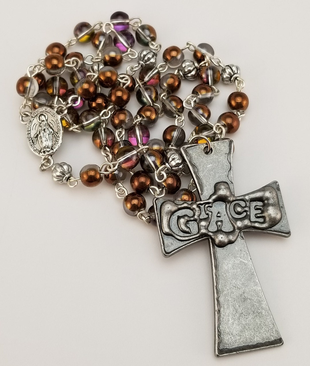 Rosary With Brownish Gold Toned Glass Beads and Big Gun Barrel Silver ...