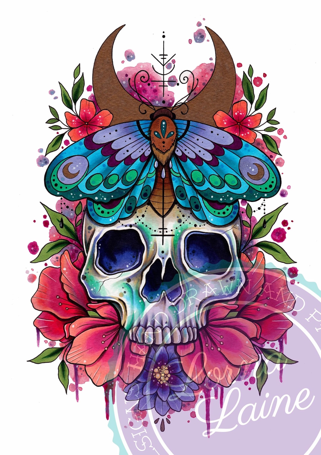 Skull Tattoo Print, Tattoo Design, Day of the Dead Art, Watercolor ...