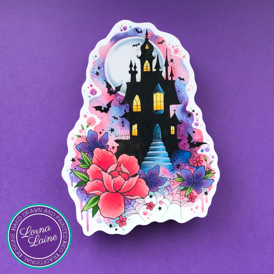 Haunted House Vinyl Sticker Halloween Sticker Tattoo Print - Etsy