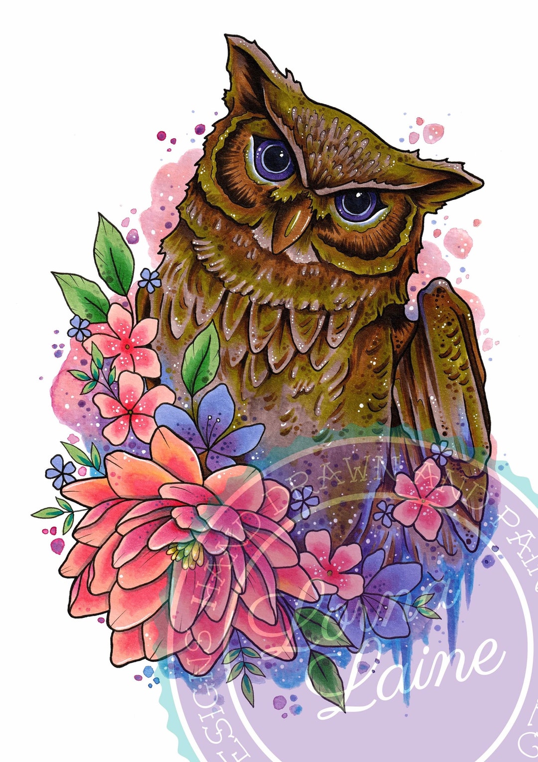 Owl Art Print Cottagecore Print Watercolor Painting Tattoo - Etsy