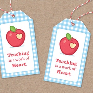Printable Teaching is A Work of Heart Apple Blue Gift Tag Favor Instant ...