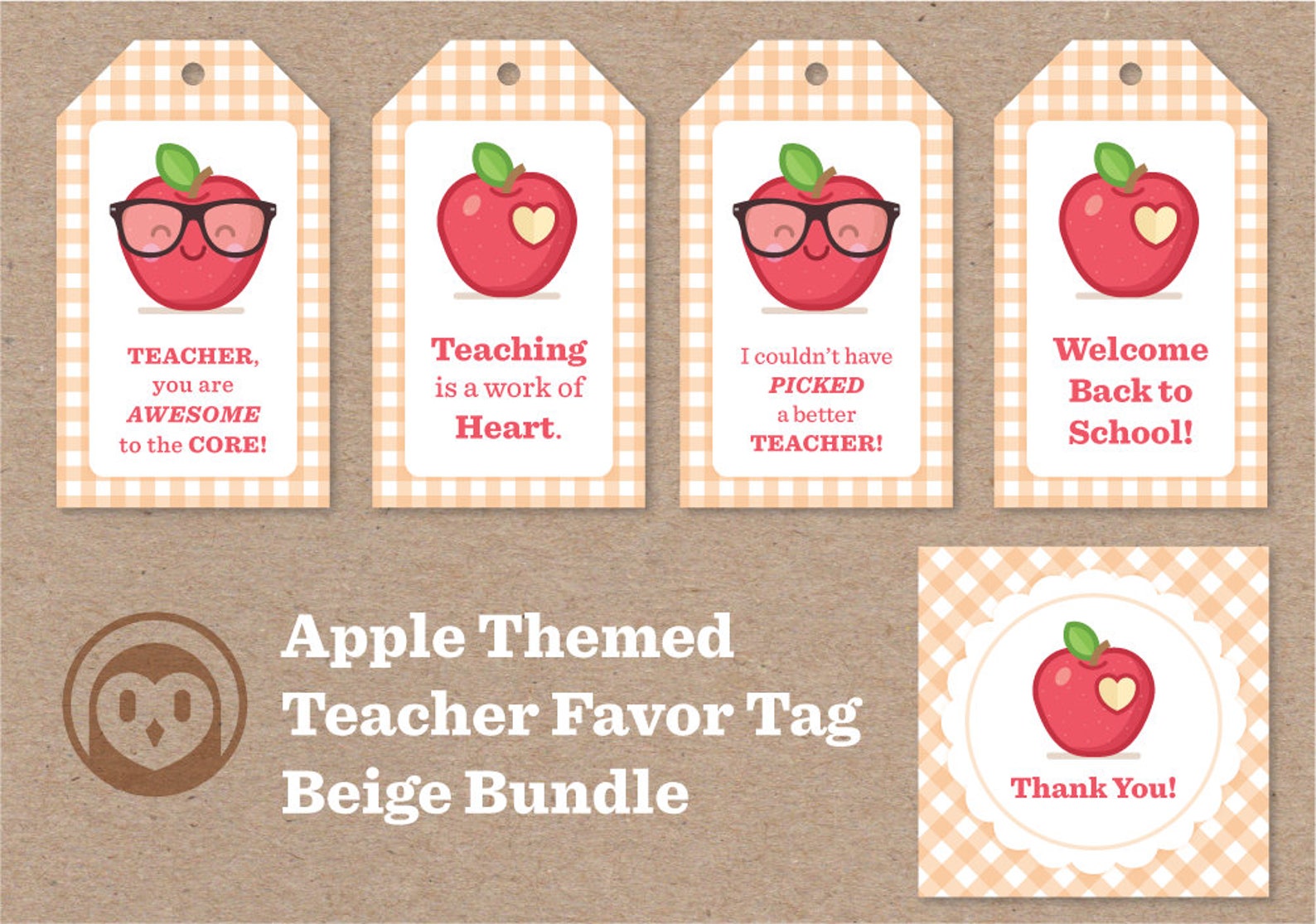 Printable Teacher Apple Beige Bundle Gift Favor Tags Instant | Etsy