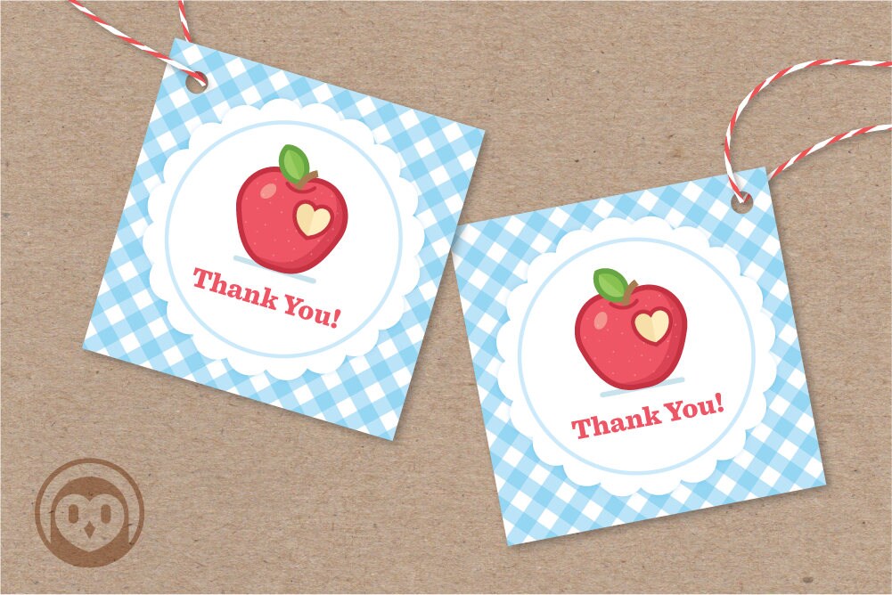 Printable Thank You Teacher Apple Blue Gift Tag Favor Instant | Etsy
