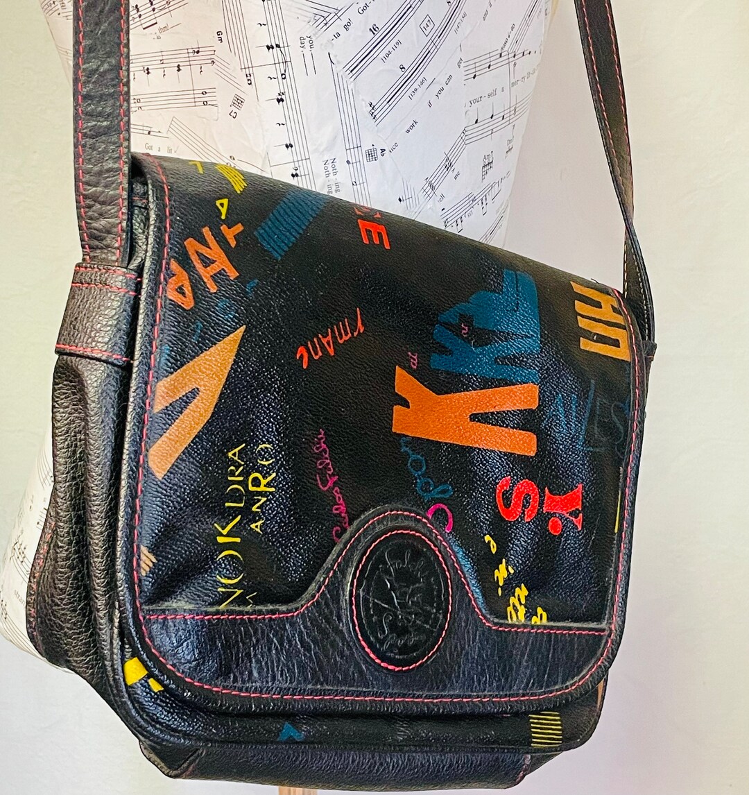 1980's Carlos Falchi Sport Black Multi Color Graphic Leather Cross Body ...