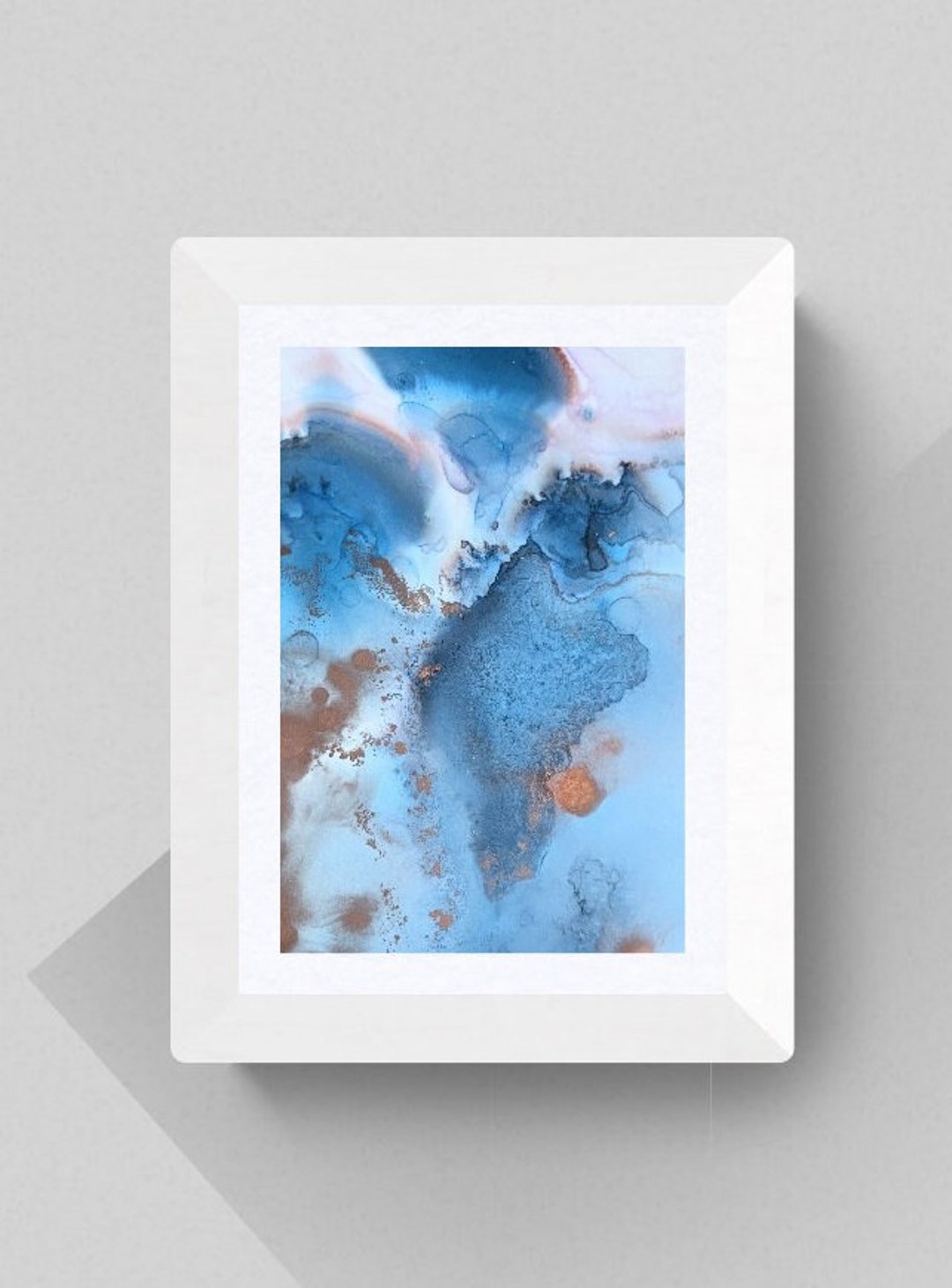 Blue and Copper Small Ink Art White Framed Blue Ink Art White Framed ...