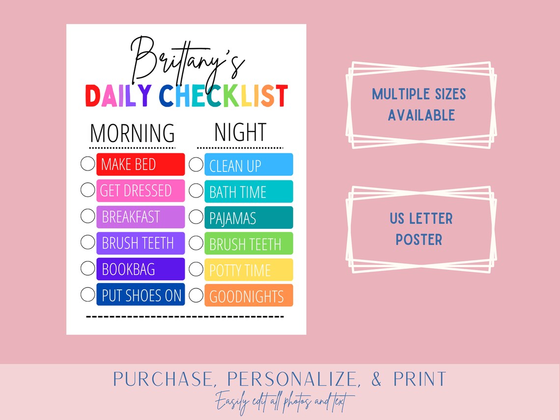 Kids Daily Checklist Chore Chart Template Morning Bedtime - Etsy