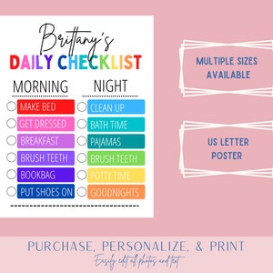 Kids Daily Checklist Chore Chart Template Morning Bedtime Nighttime ...