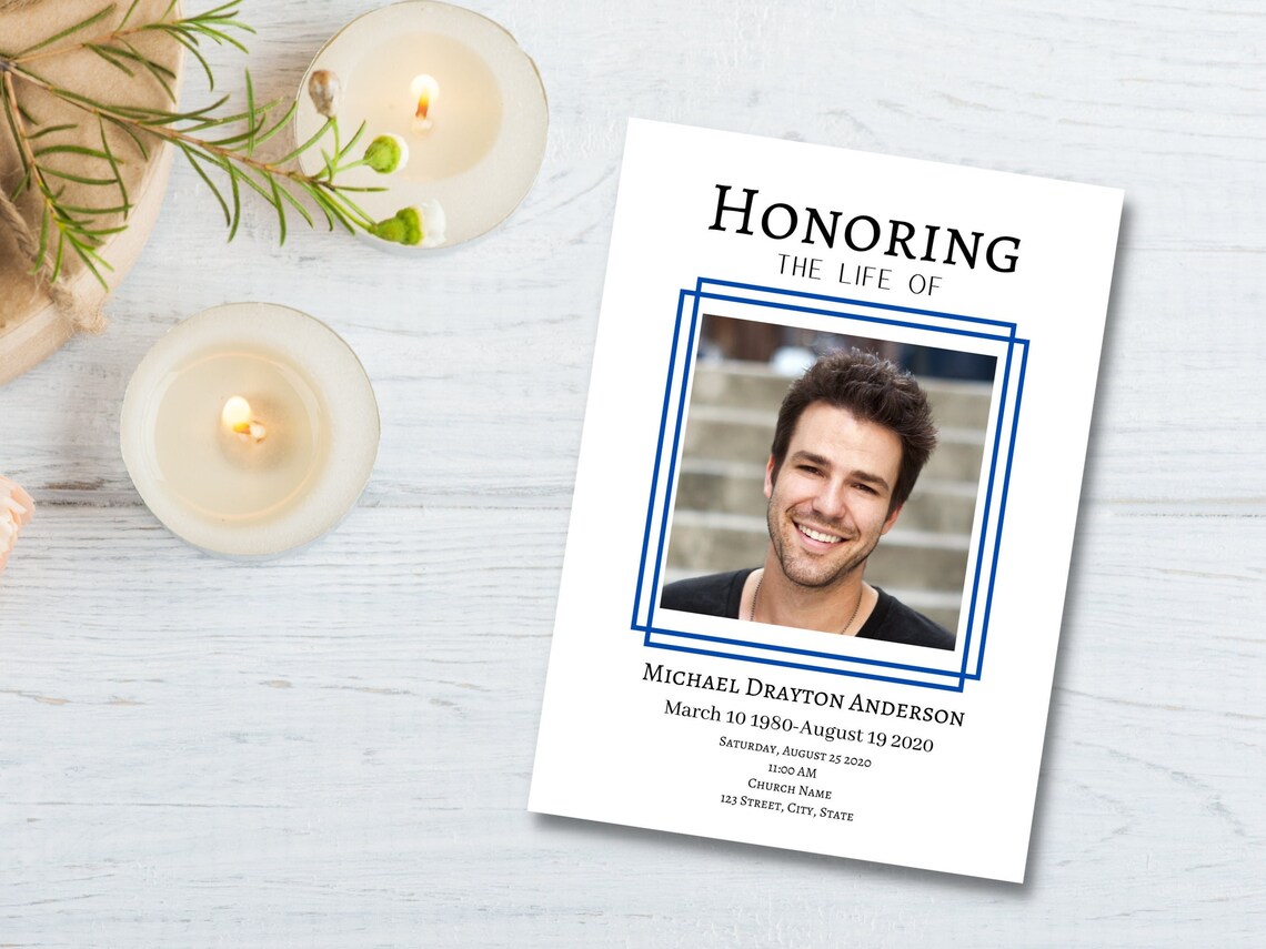 Blue Frame Funeral Program Template | Memorial Program Template ...
