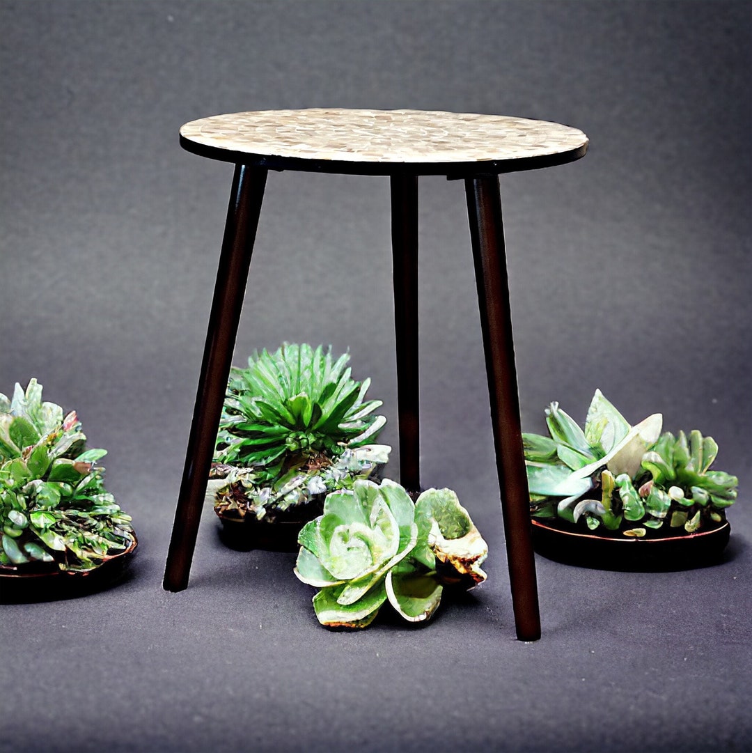 Round Side Table 16 in Diameter 20 Tall Mother of Pearl Mosaic and Dark ...