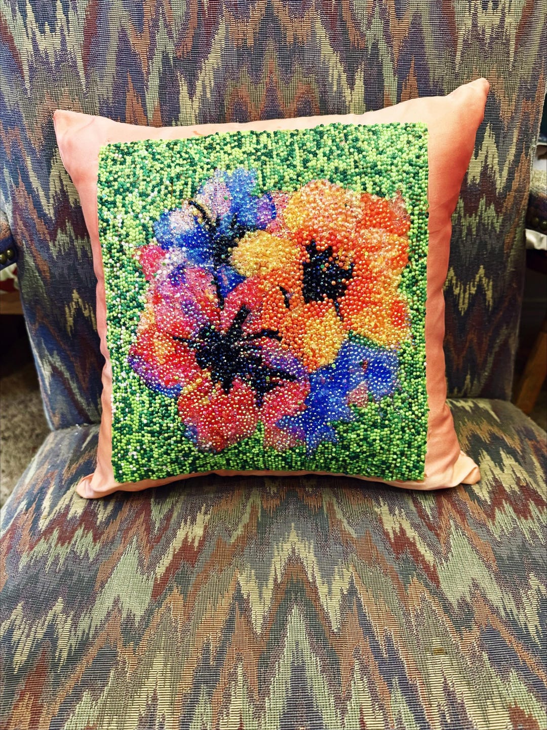 Diamond Inlay Floral Pillow | Handcrafted Beaded Accent Cushion (14x14 ...