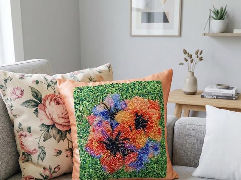 Diamond Inlay Floral Pillow | Handcrafted Beaded Accent Cushion (14x14 ...