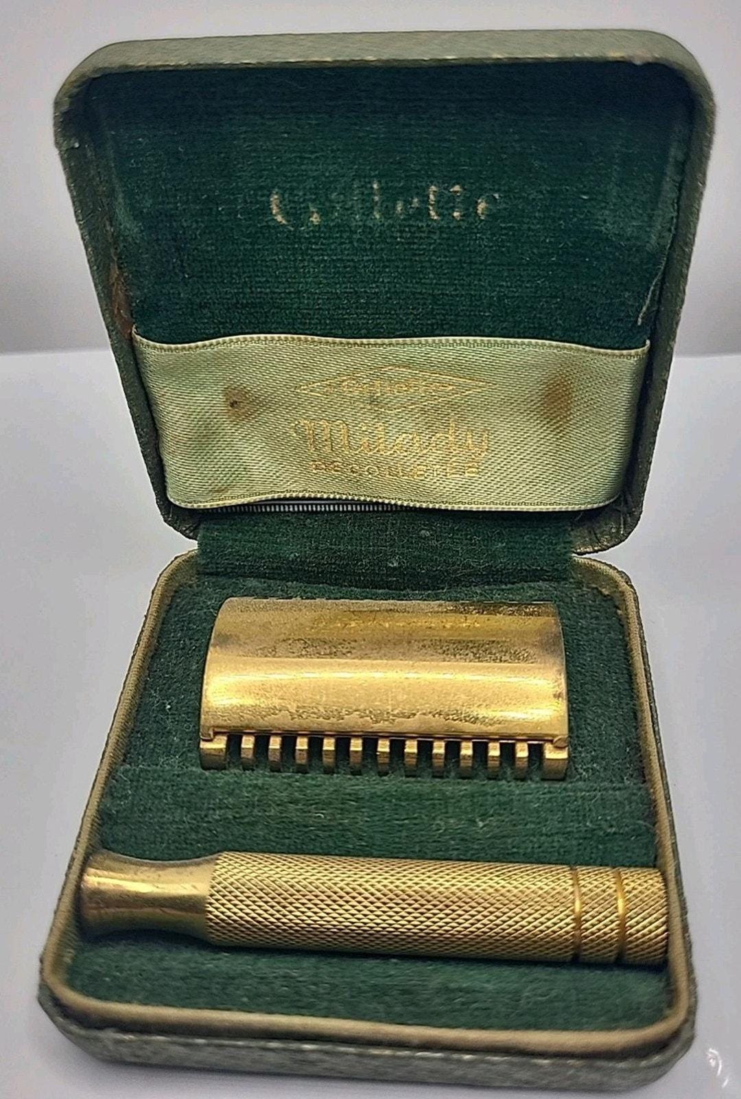 VTG Gillette NEW RFB Fanged Tab England Gold Milady Decollete Green ...