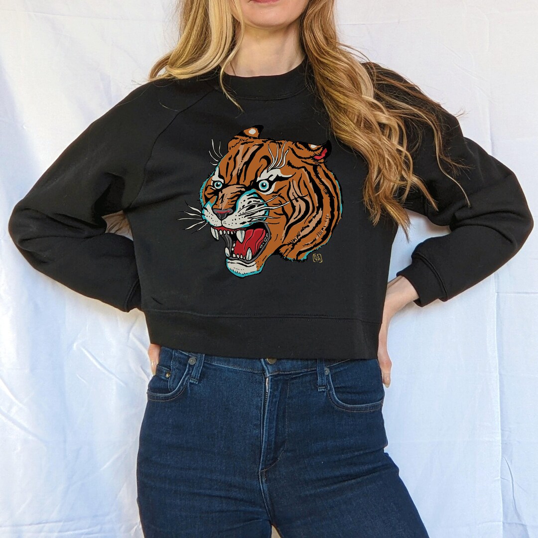 Snarling Tiger Cropped Fleece Pullover, Tiger Sweatshirt, Tiger Head ...
