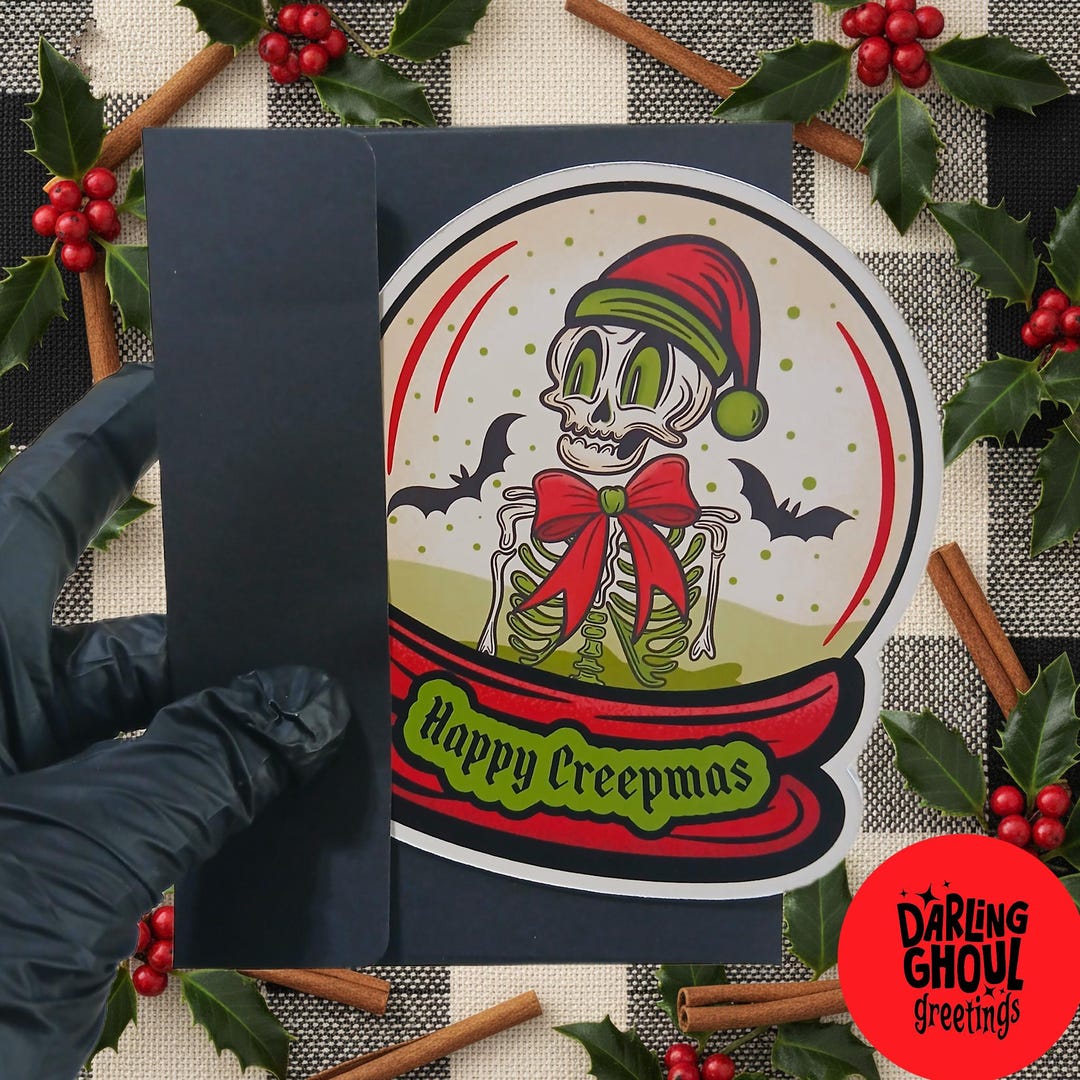 Happy Creepmas Santa Skull Skeleton Snow Globe Die Cut Xmas Card ...