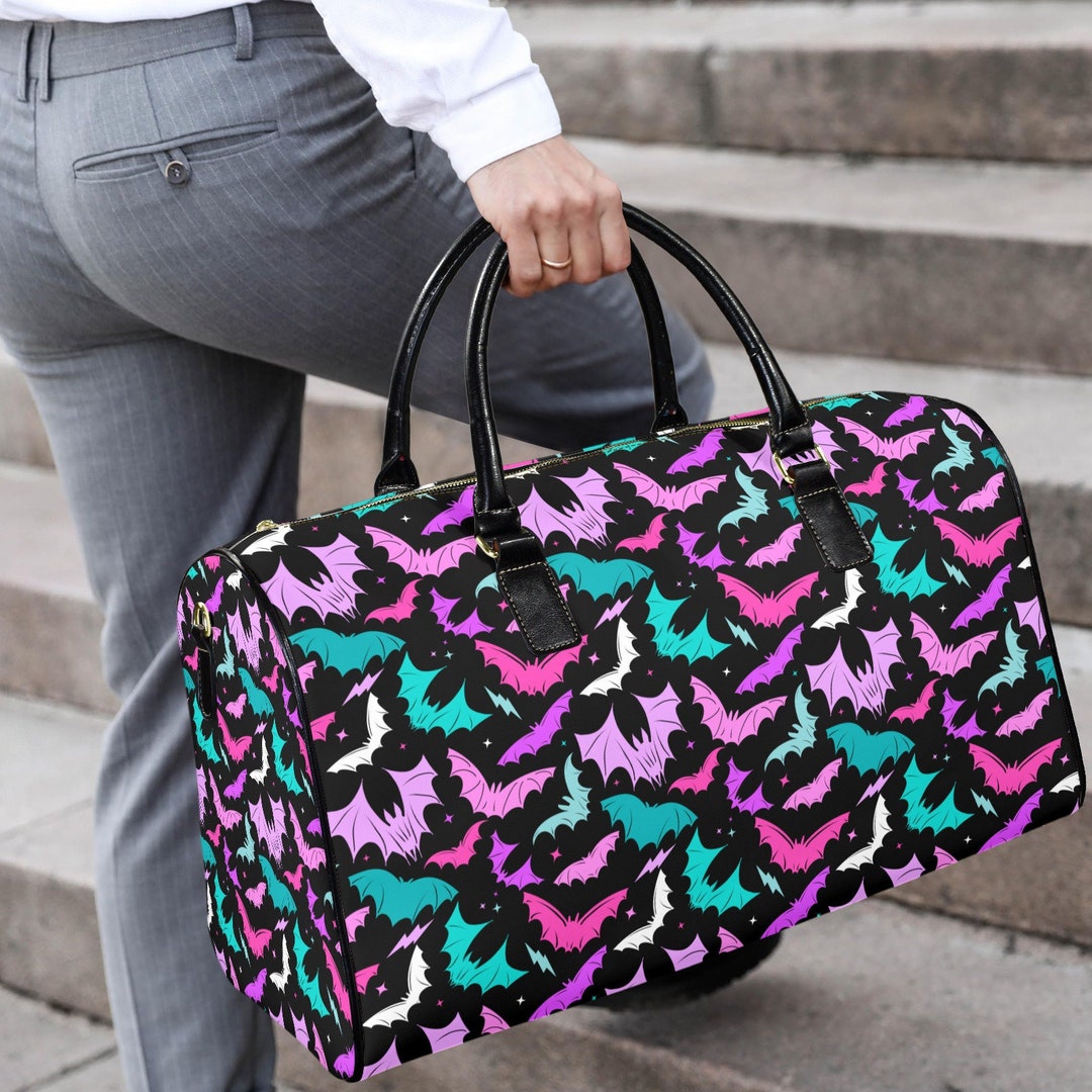 Purple Pink Aqua Pastel Goth Bat Travel Luggage Bag, Spooky Gothic Bat ...