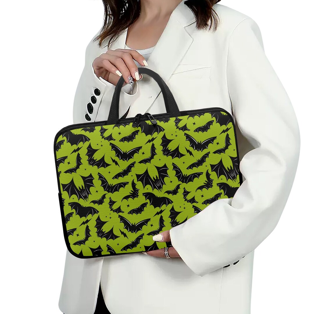 Gothic Bat Chartreuse Black Laptop Sleeve With Handles, Gothic Laptop Sleeve With Bats, Goth ...