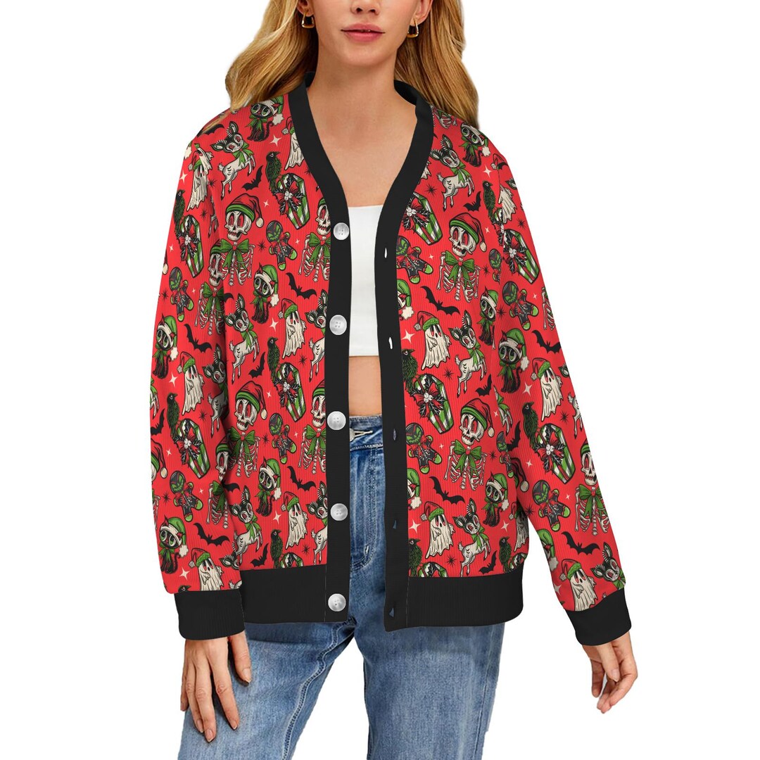 Creepy Xmas Bat Santa Skull Ghost Black Cat Coffins Cardigan | Spooky ...