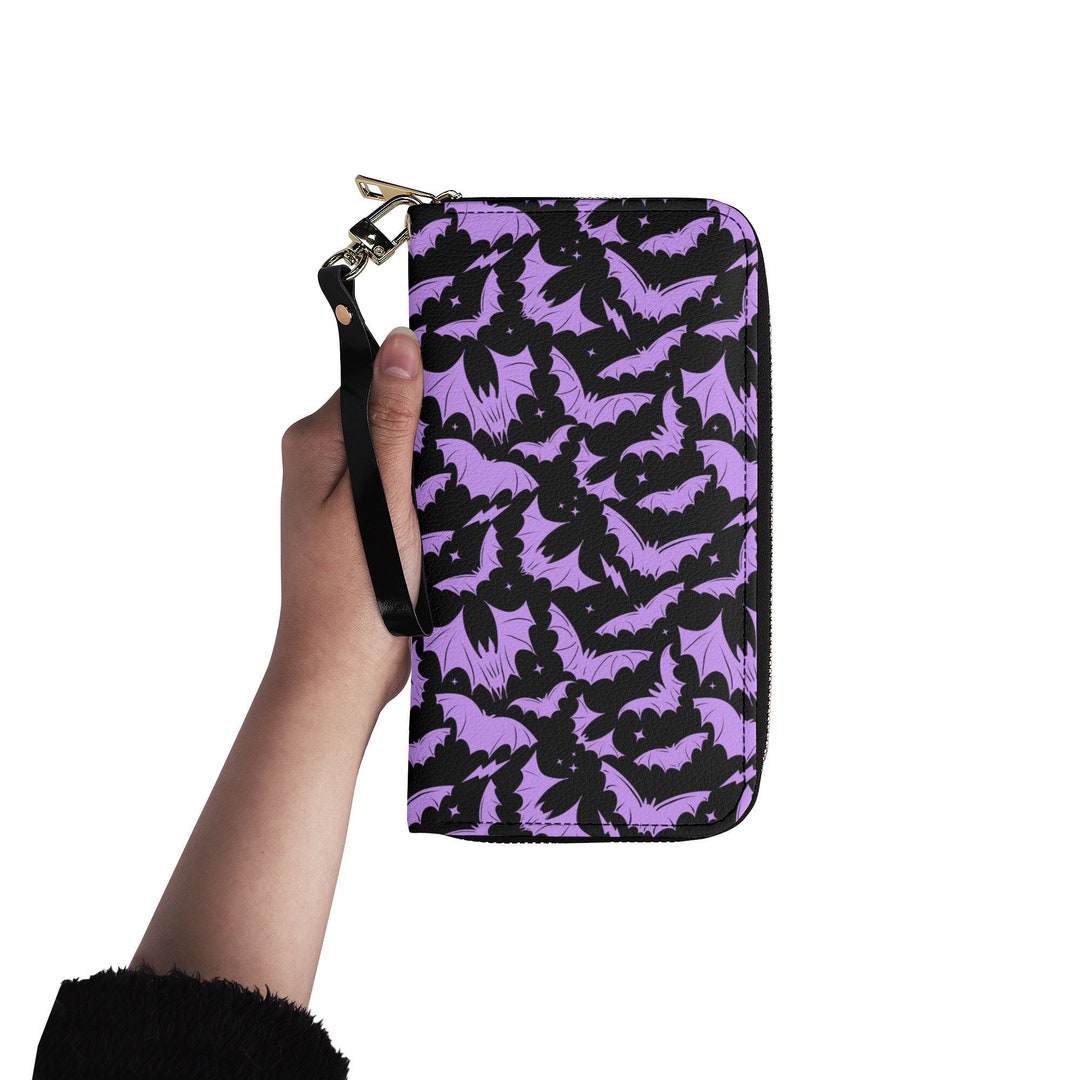 Spooky Gothic Bats Halloween Wallet With Wrist Strap Black Purple ...