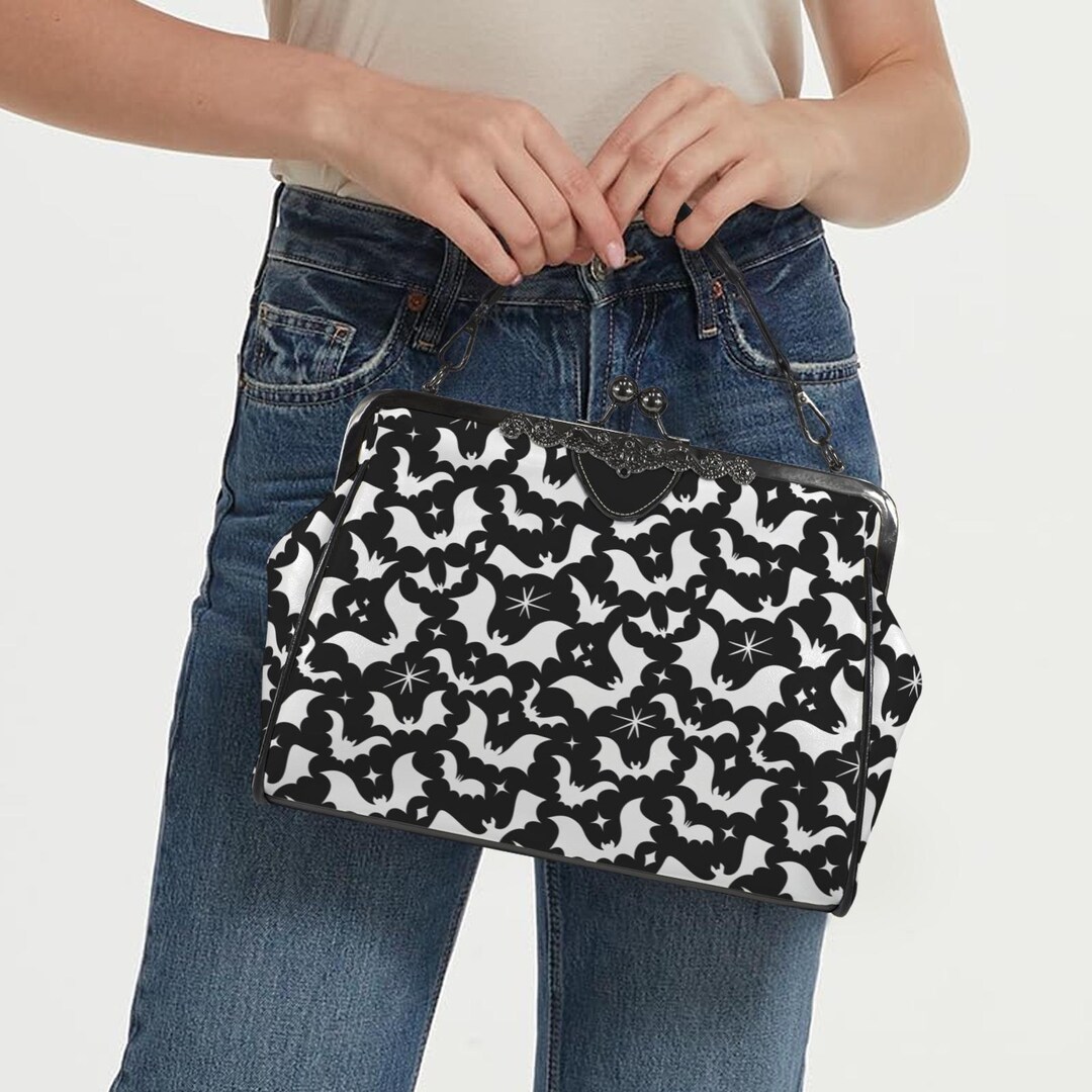 Gothic Bat Kiss Lock Purse | Faux Leather Handbag With Retro Style ...