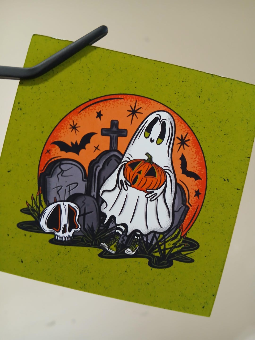 Halloween Spooky Sheet Ghost Skull Bats Moon Cemetery Art Print ...