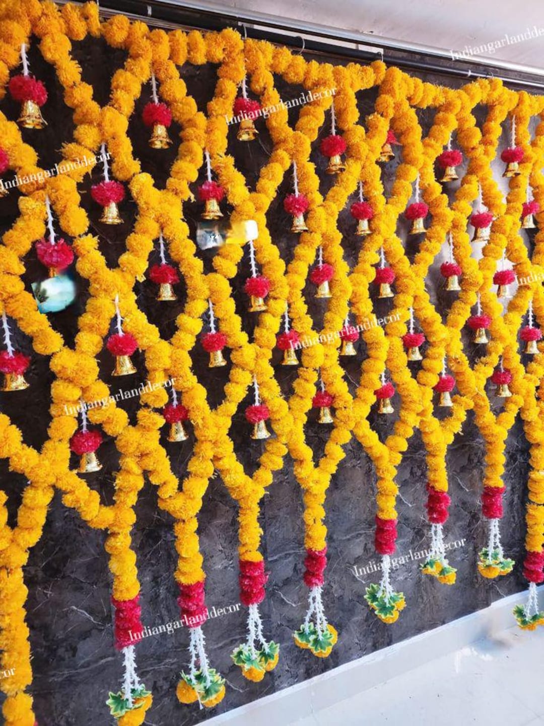 8X8 Feet Artificial Marigold Flower With Bells Net Backdrop Decoration ...