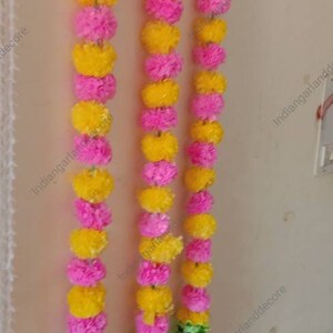 5 Strings of Artificial Pink Yellow Marigold Flower String With Bells ...