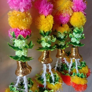 5 Strings of Artificial Pink Yellow Marigold Flower String With Bells ...
